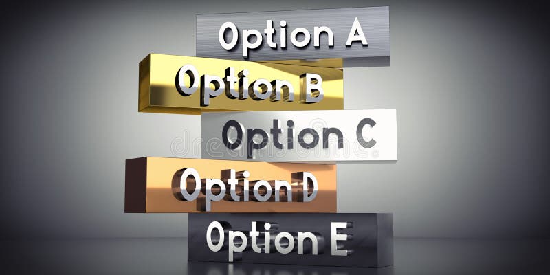Option a, B, C, D, E - Words on Metal Blocks Stock Illustration ...