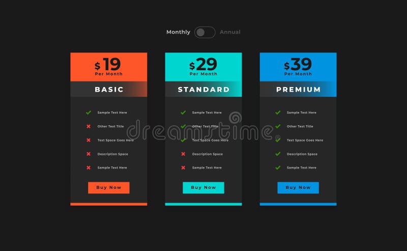 3 Option Subscription or Pricing Plan Table Dark Layout Design Stock Illustration - Illustration ...