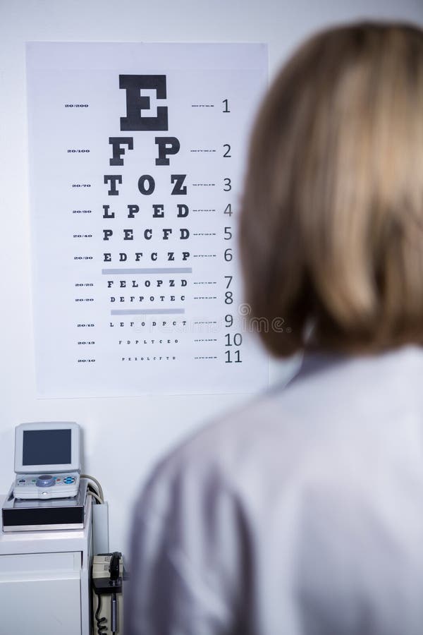 Optometrist Looking at Eye Chart Stock Image - Image of coat ...
