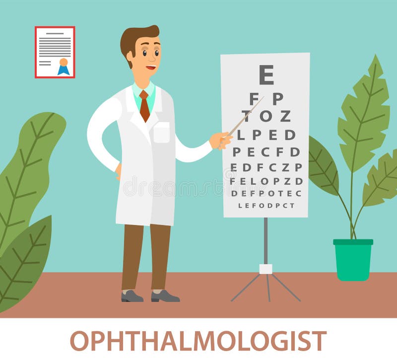 Optometrist Points To the Table for Testing Visual Acuity. a Doctor in ...