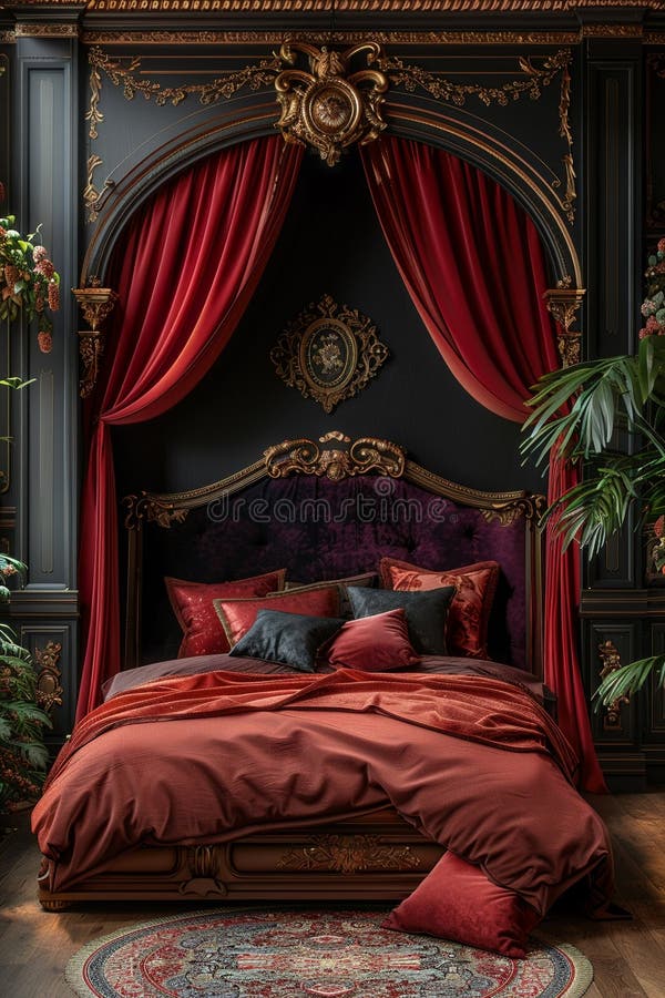 Opulent Bedroom with a Velvet Canopy Bed and Gold Decorative Elements3D ...