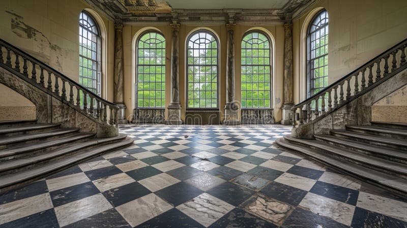 Opulent Classic Hall with Marble Floor, Sunlit Windows, and Grand ...