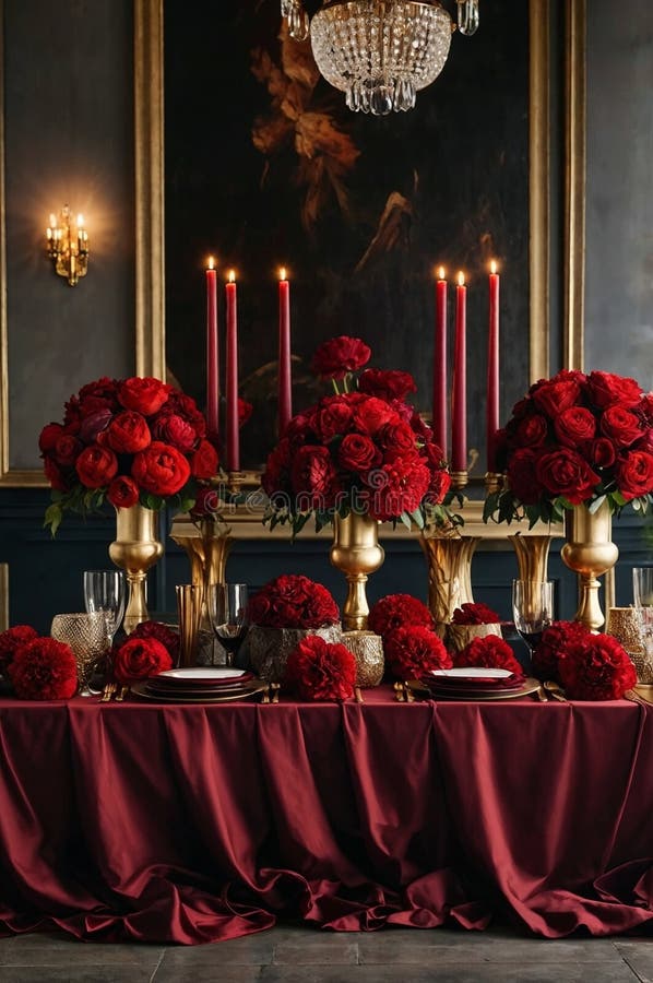 "Red Wedding Table Centerpieces with Oversized Floral Elements" Stock ...