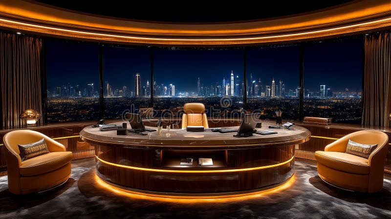 Opulent Executive Office with Panoramic Nighttime City Views Stock ...