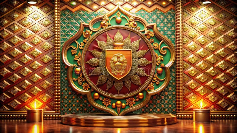 Opulent Gold and Green Decorative Wall Panel with Central Emblem and ...