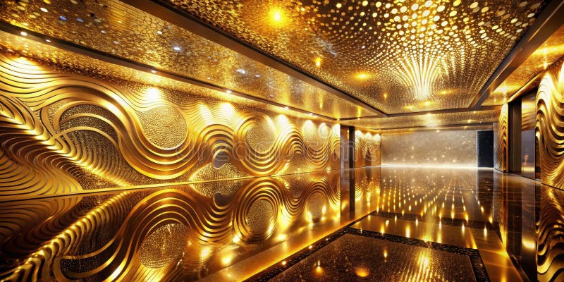 Opulent Golden Hallway with Reflective Floor and Celestial Ceiling ...