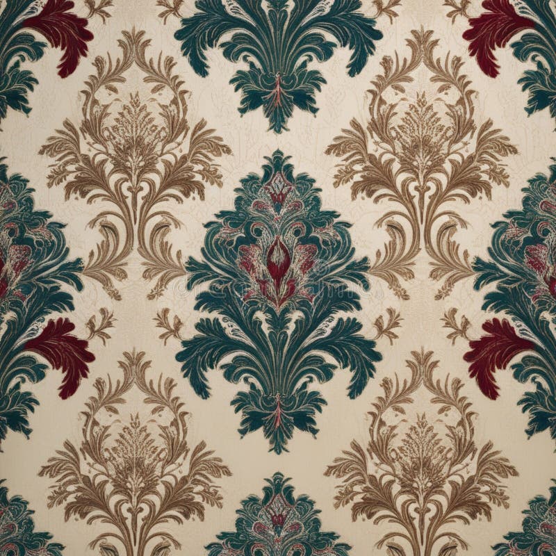 Opulent Graceful Damask Patterns in Green, Red and Beige Stock ...