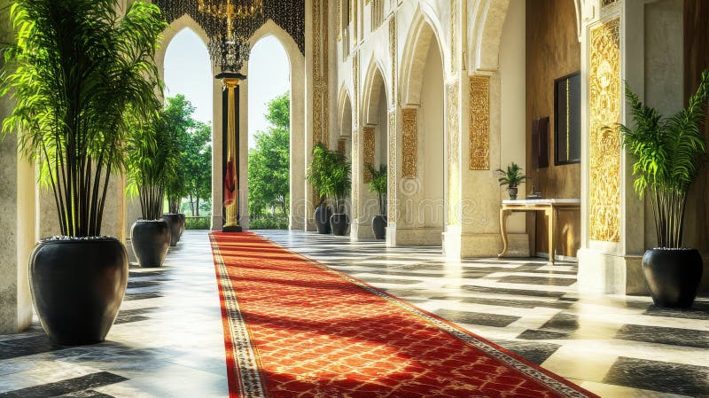 Opulent Grand Hall Red Carpet Arched Corridor Plants Light Interplay ...