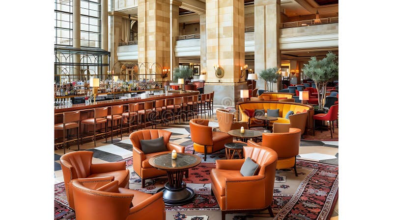 Opulent Hotel Lobby Lounge Featuring a Full Bar and Comfortable Seating ...