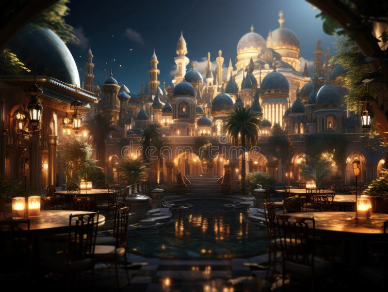An Opulent, Illuminated Outdoor Dining Area with Middle Eastern ...