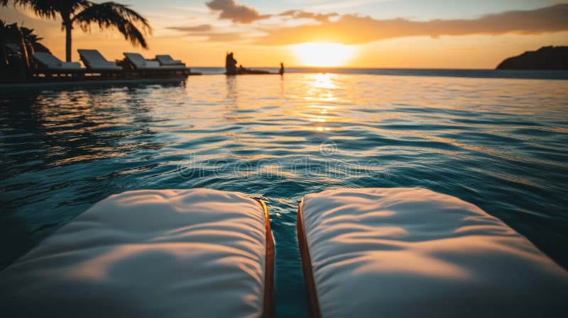 An Opulent Infinity Pool with a Tranquil Ocean Scene at Dusk Stock ...