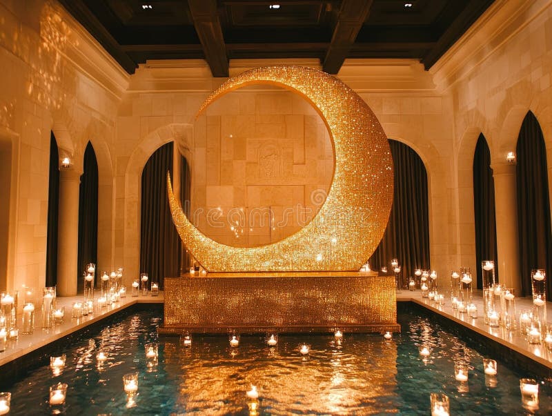 Golden Crescent Moon Installation Over Water Surrounded by Candles ...