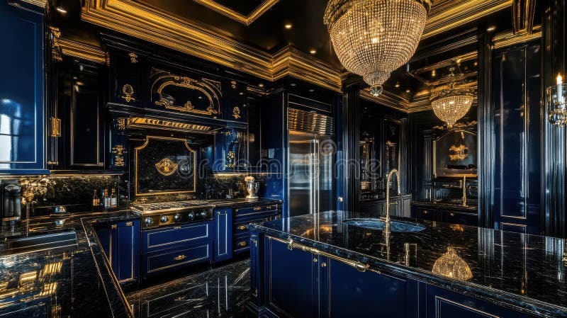 Opulent Kitchen a Symphony of Navy, Gold, and Marble for a Luxurious ...