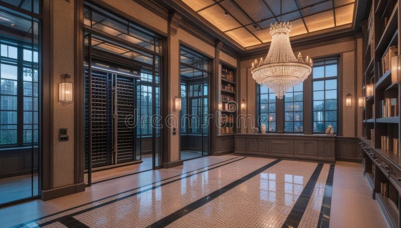 Opulent Library Interior with Crystal Chandelier and Classic Book ...