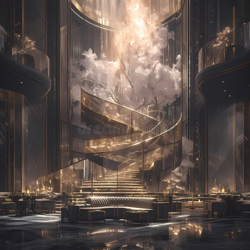 Opulent Lounge Space with Gilded Elements and Gravity-Defying ...