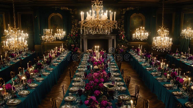 Opulent Palace Banquet Hall, Teal Table Setting Stock Photo - Image of ...