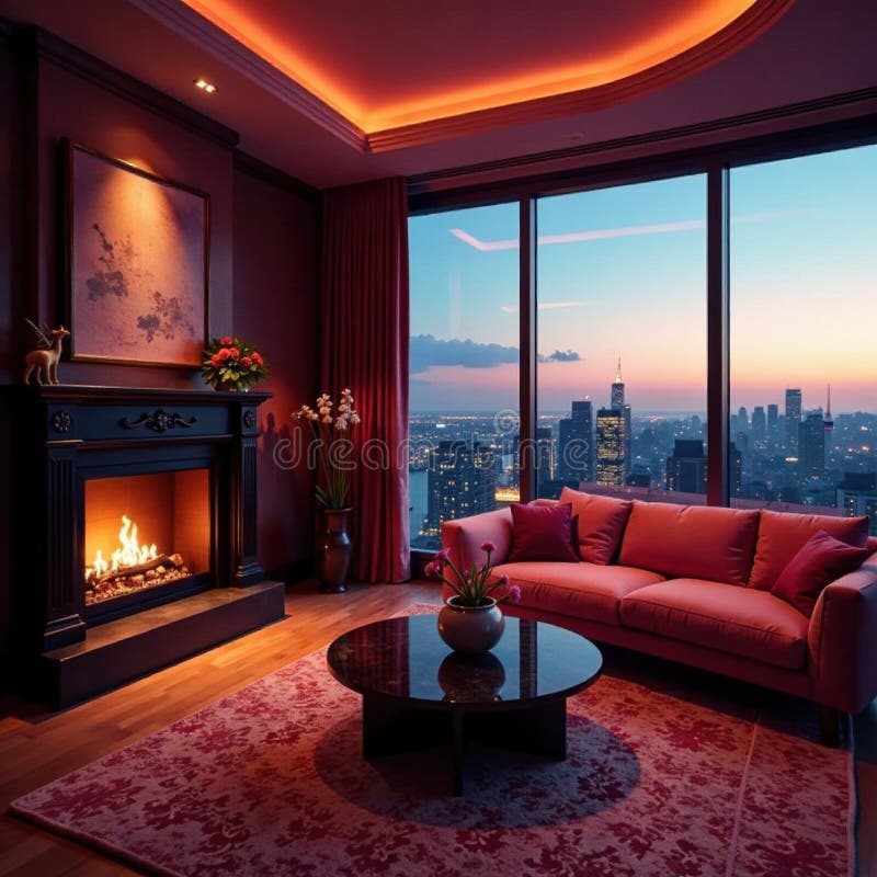 Opulent Penthouse Lounge, Fireplace Focal Point, Windows, Design Stock ...