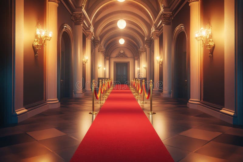 An Opulent Red Carpet Entryway Adorned with Golden Posts and Striking ...
