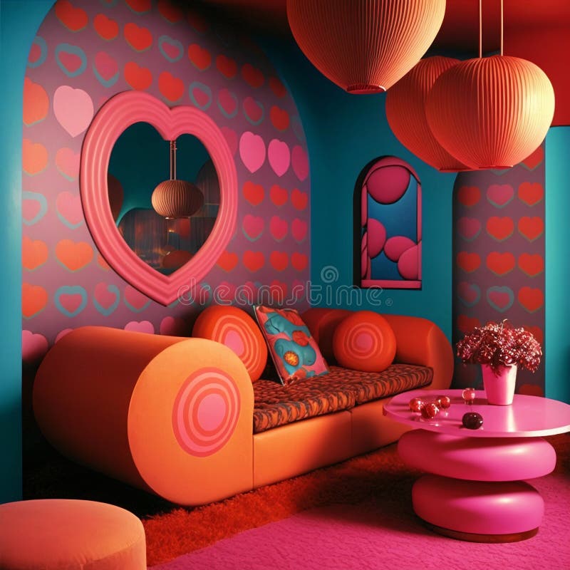 Opulent Room Interior Background with Heart Pattern, Large Sofa and ...