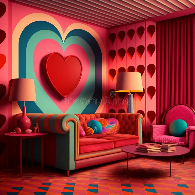 Opulent Room Interior Background with Heart Pattern, Large Sofa and ...