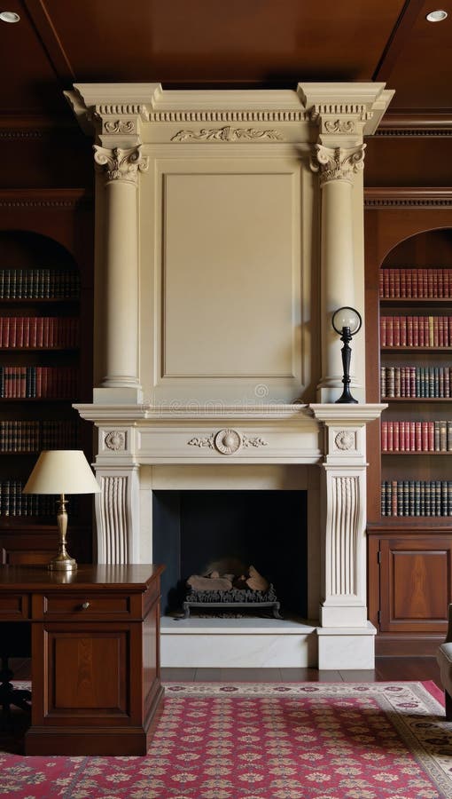 An Opulent Room Showcasing a Grand Fireplace and a Spacious Library ...