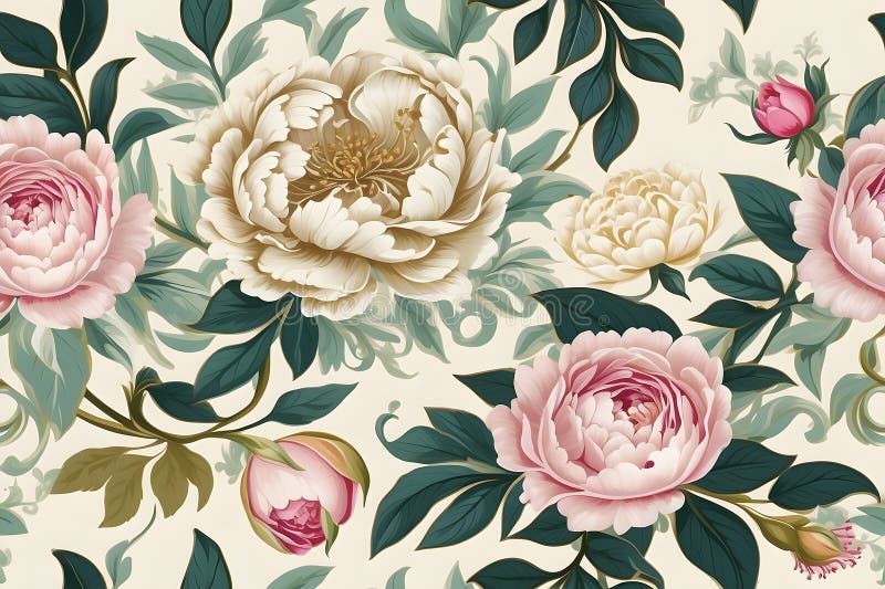 Luxurious Floral Elegance, Golden Scrolls Meet Blooms, Seamless Pattern. Stock Illustration ...