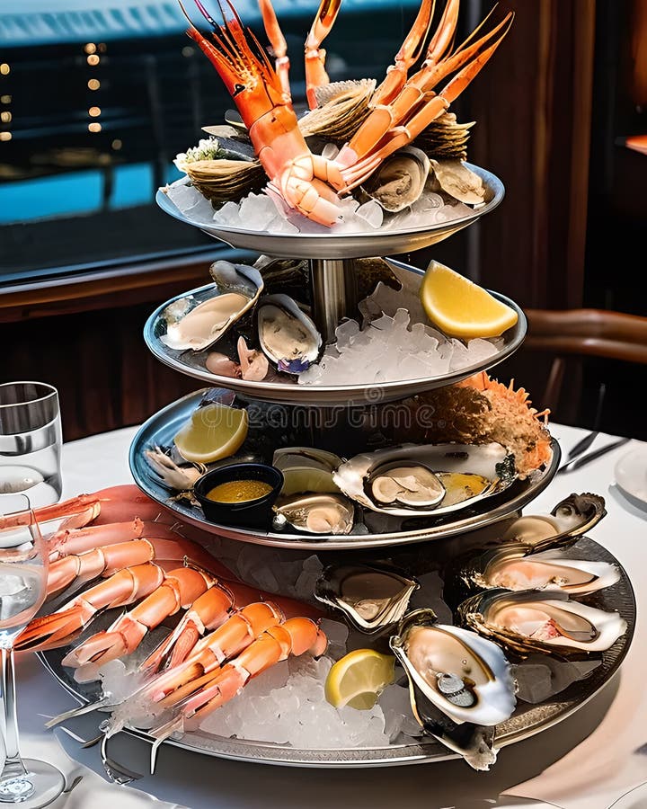Opulent Seafood Tower Featuring Oysters, Shrimp, and Crab Legs. Stock ...