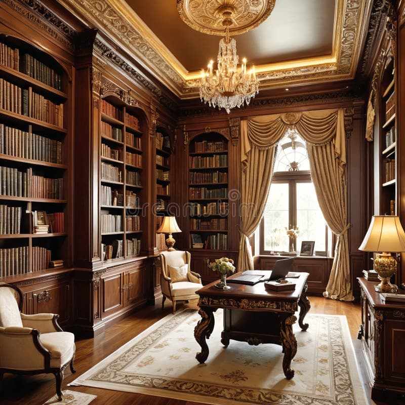 Opulent Study Room with Lavish Bookshelf Stock Illustration ...