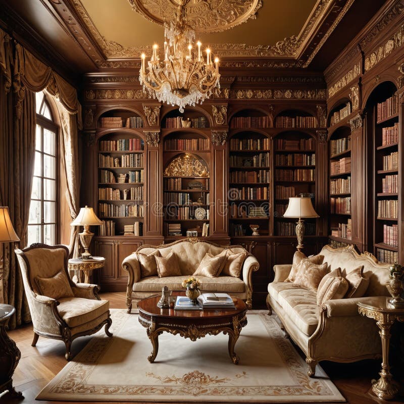 Opulent Study Room with Lavish Bookshelf Stock Illustration ...