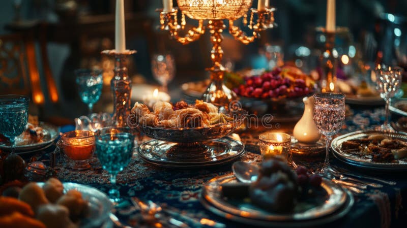 Opulent Table Setting with Candlelight and Festive Food Stock ...