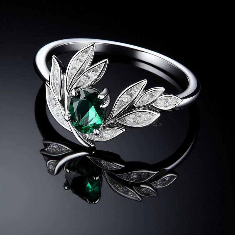 Opulent White Gold Ring with Olive Leaf Design Featuring Emerald. Stock ...