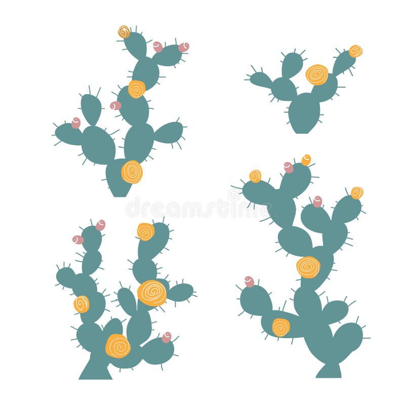 Opuntia Cactus Set, Doodle Isolated Illustration. Prickly Pear Vector ...