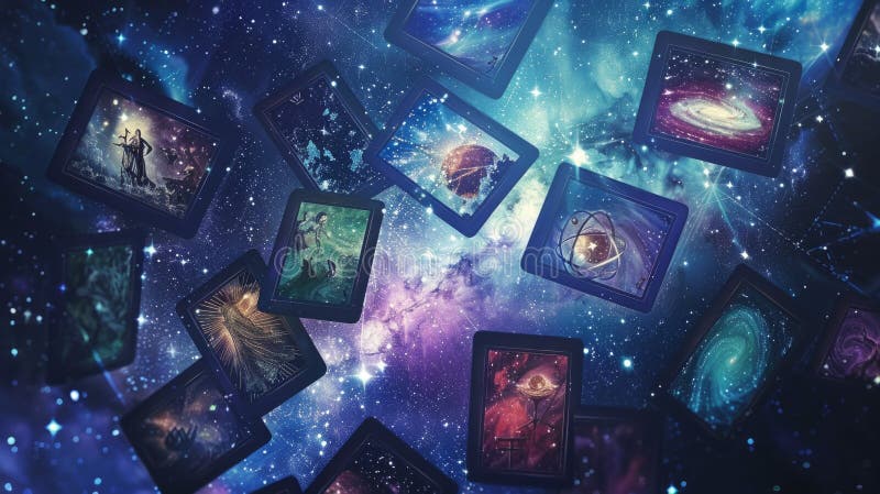 Oracle Cards Floating in Cosmic Starry Space Stock Image - Image of ...
