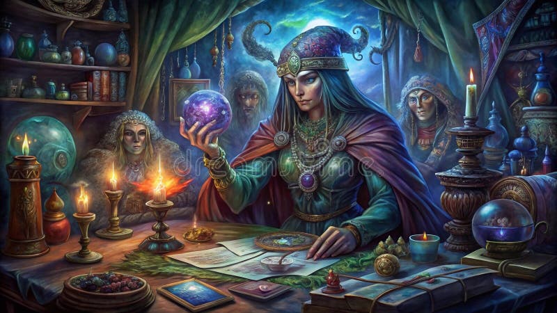 Oracle Reading the Future in Her Room with Cards and Symbols Stock ...