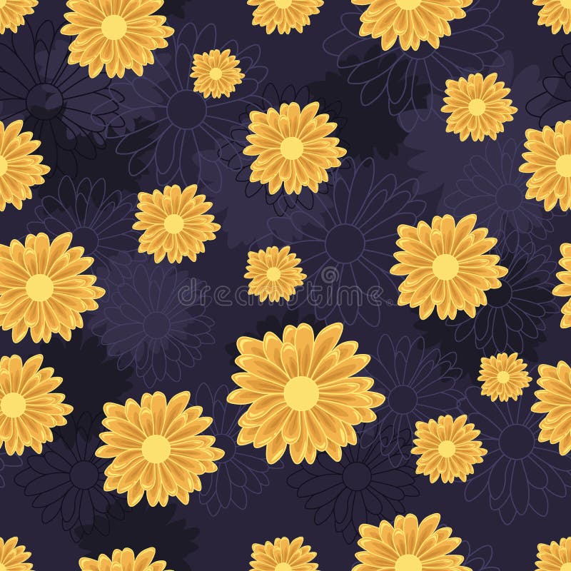 Seamless Pattern with Orange Daisy Flowers on Dark Blue Background ...