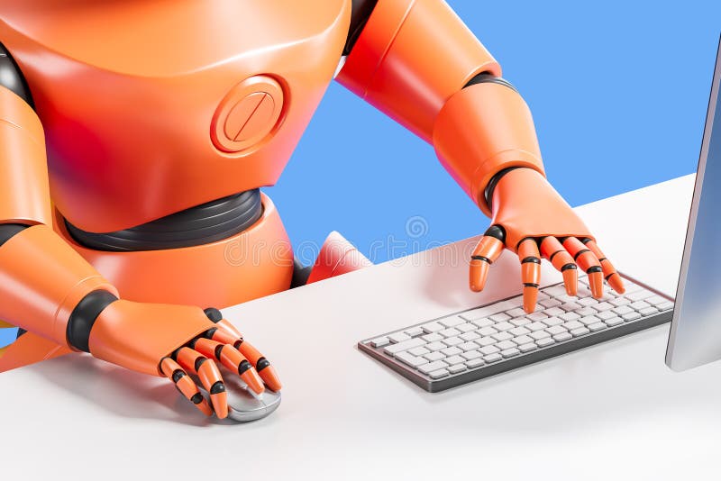 Orange AI Robot Hands Typing on Computer Keyboard and Using Mouse Stock ...