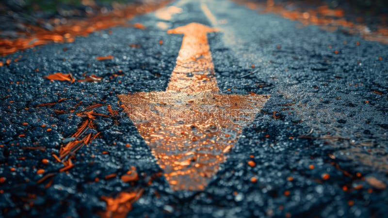 Orange Arrow on Wet Pavement, Signifying Direction. Stock Photo - Image ...
