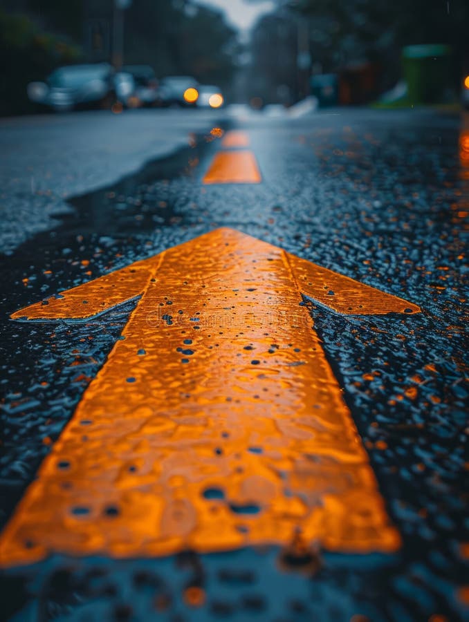 Orange Arrow on Wet Road Reflecting Light in a Rainy Night Setting ...