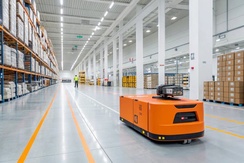 Orange Automated Guided Vehicle in Modern Warehouse - Generated by Ai ...