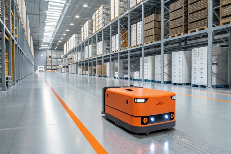 Orange Automated Guided Vehicle in Modern Warehouse - Generated by Ai ...