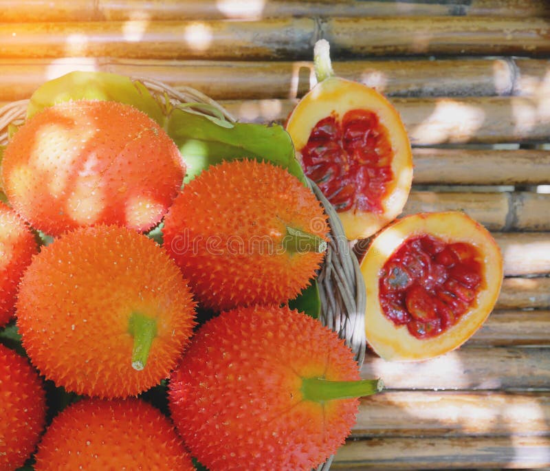 Orange Baby Jackfruit in a Basket Stock Photo - Image of momordica ...