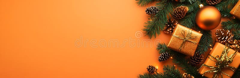 Orange Christmas Background with Gifts & Pine Cones Stock Illustration ...