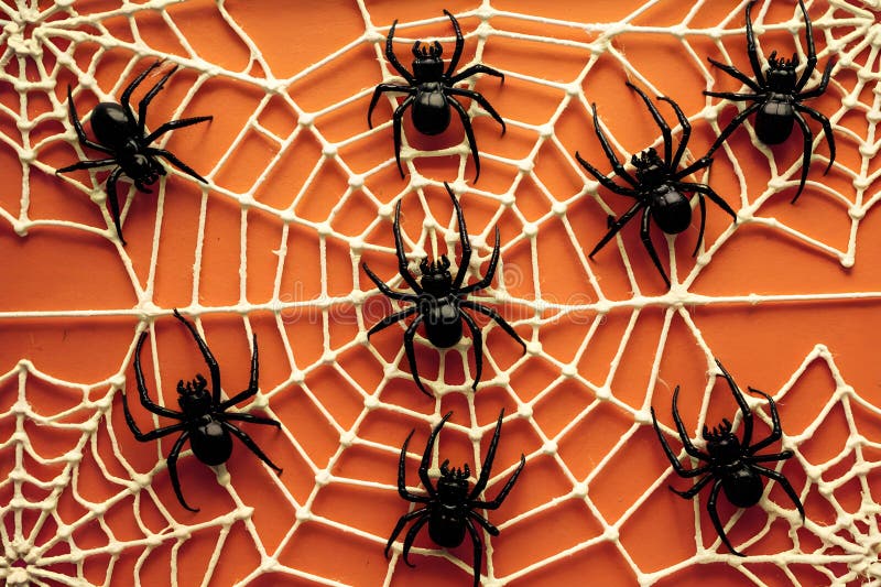 Orange Background with Spiders and Webs, Creating a Spooky Halloween ...