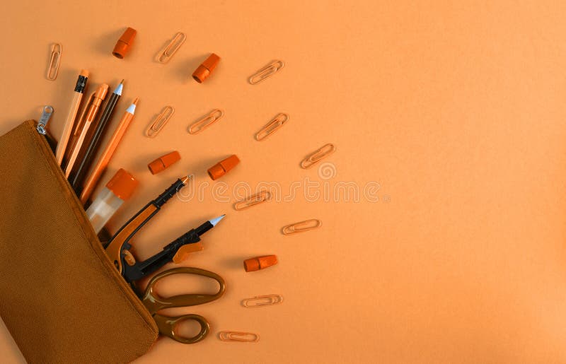 Orange Background of School and Office Supplies Stock Image - Image of ...