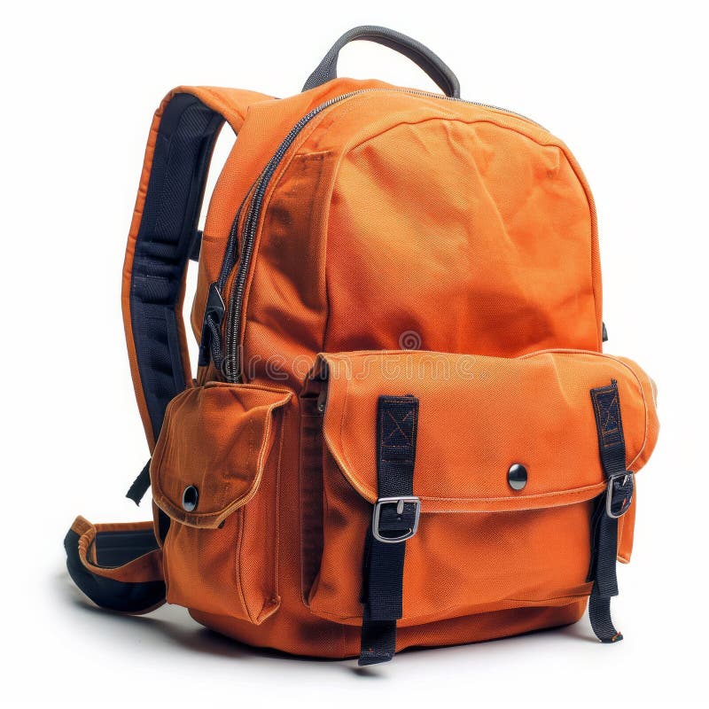 Orange Backpack with Black Straps on White Background Stock Photo ...