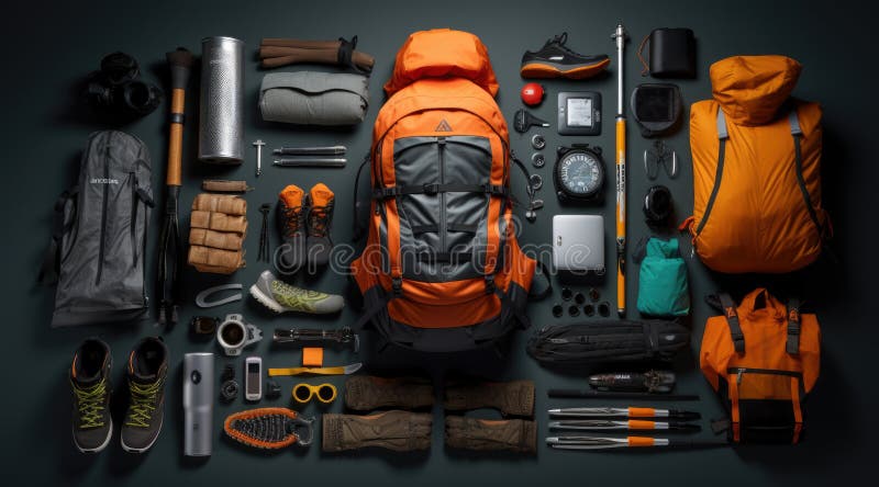 Orange Backpack Flat Lay of Various Technologies with Climbing ...