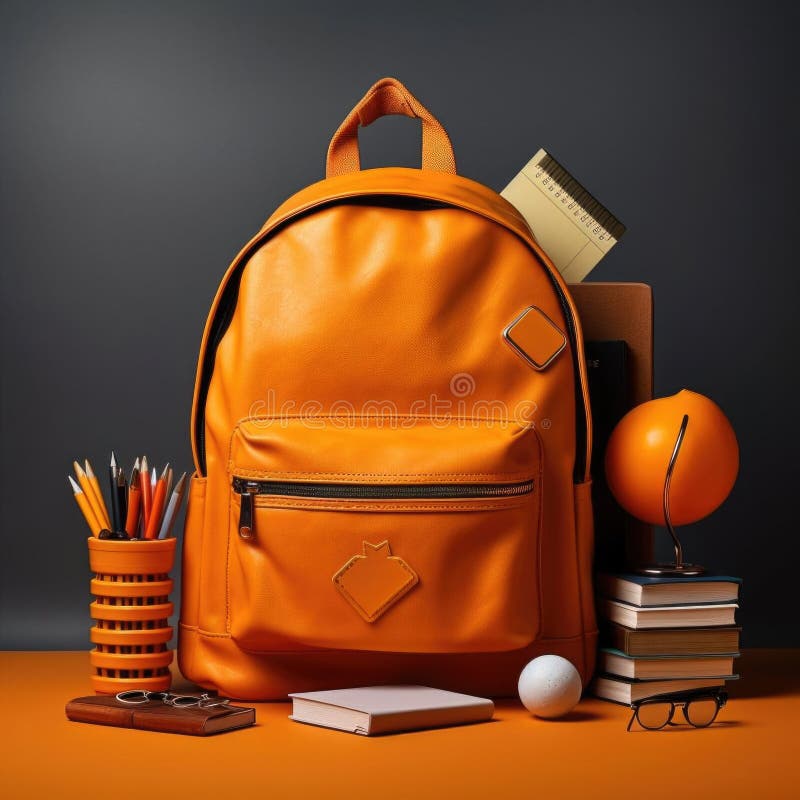Orange Backpack with Front Pocket on Chalkboard Background with Markers ...