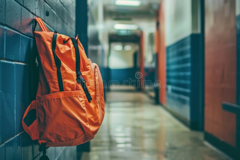 Orange Backpack Hanging on a Hook in a School Corridor. Stock Image ...