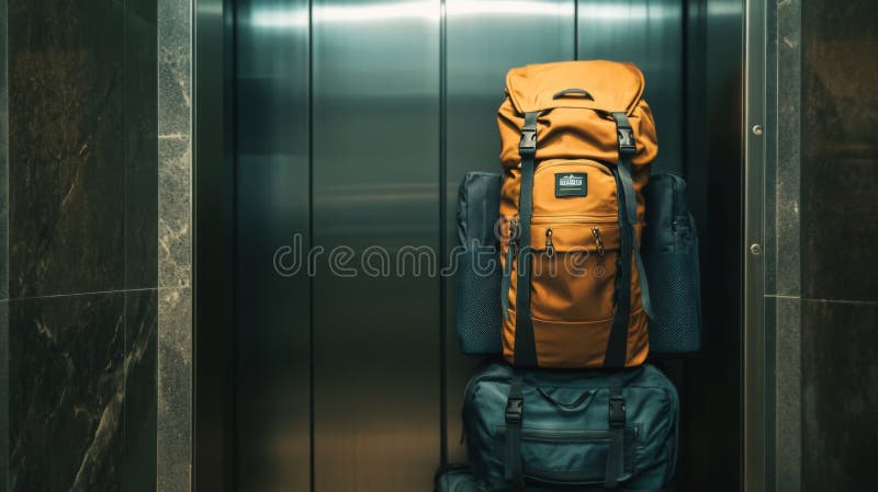 An Orange Backpack Leaning Against an Elevator Wall Stock Illustration ...