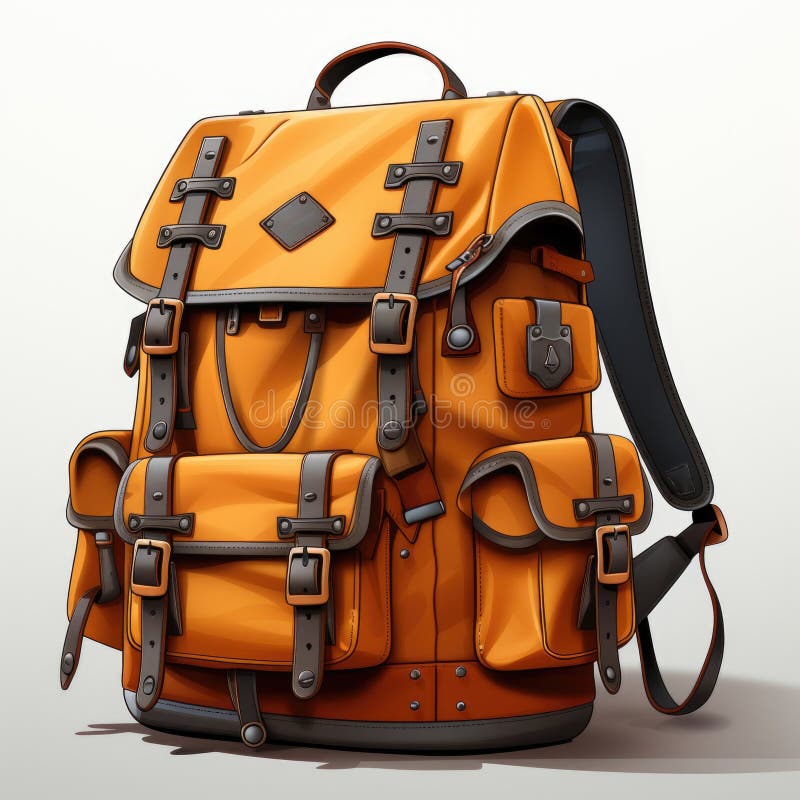 An Orange Backpack with Leather Straps on a White Background Stock ...